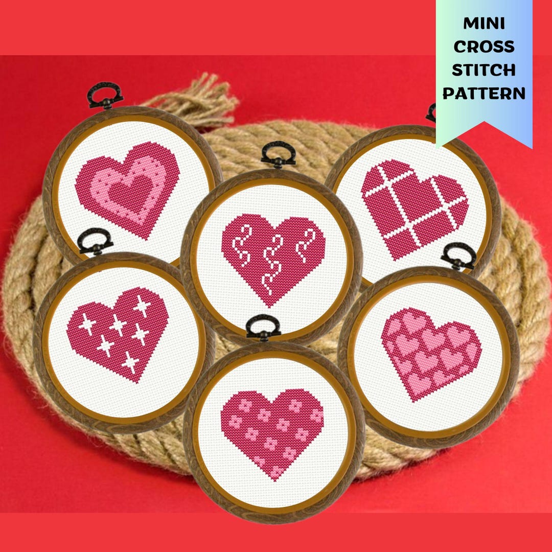 Pink Heart Cross Stitch Pattern Set of 6 Hearts Valentines Day Romantic ...