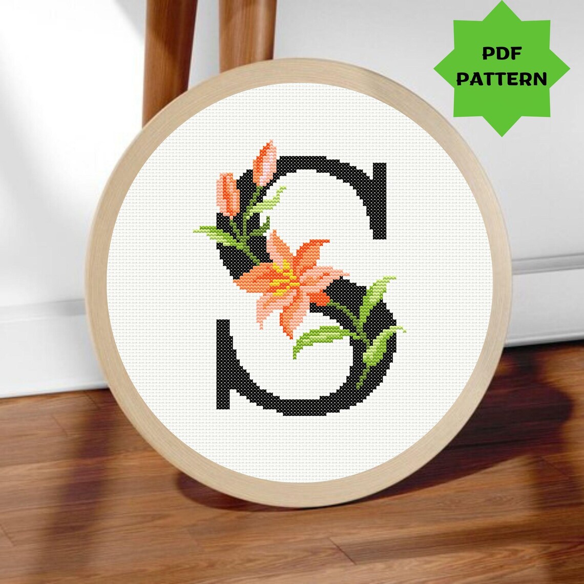 Floral Letter S Cross Stitch Pattern Modern Flower Monogram Embroidery ...