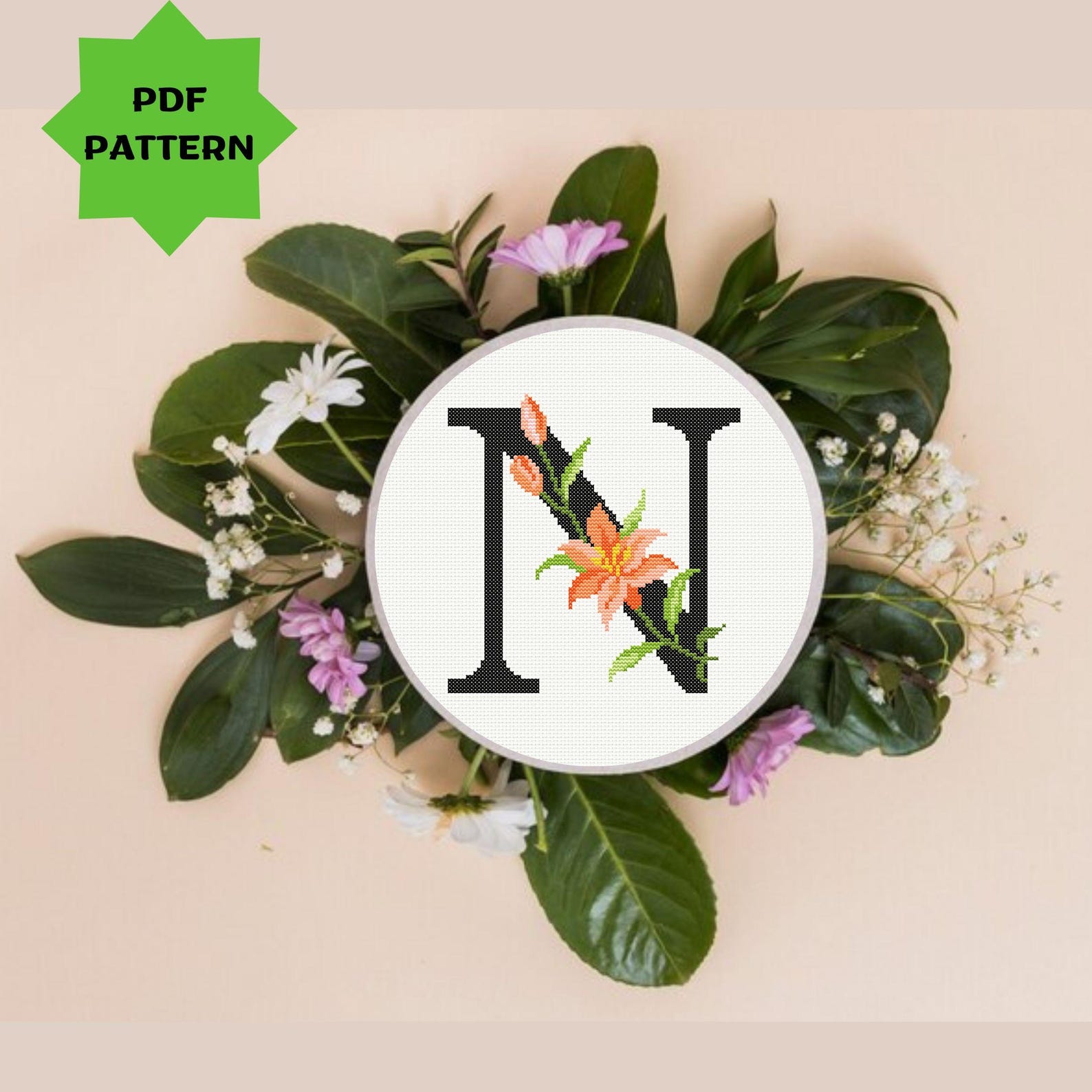Floral Letter N Cross Stitch Pattern Modern Flower Monogram Embroidery ...