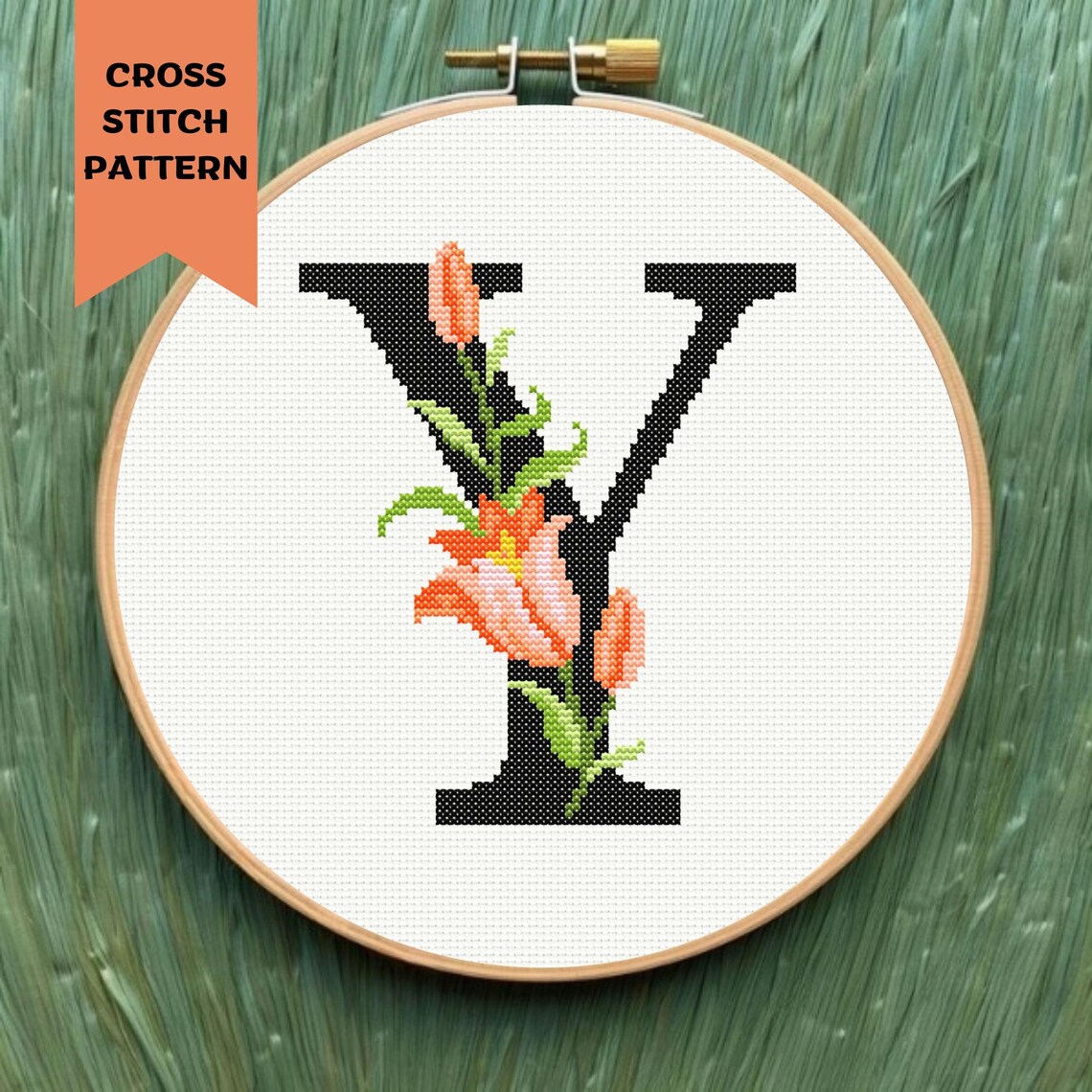 Floral Letter Y Cross Stitch Pattern Modern Flower Monogram Embroidery ...