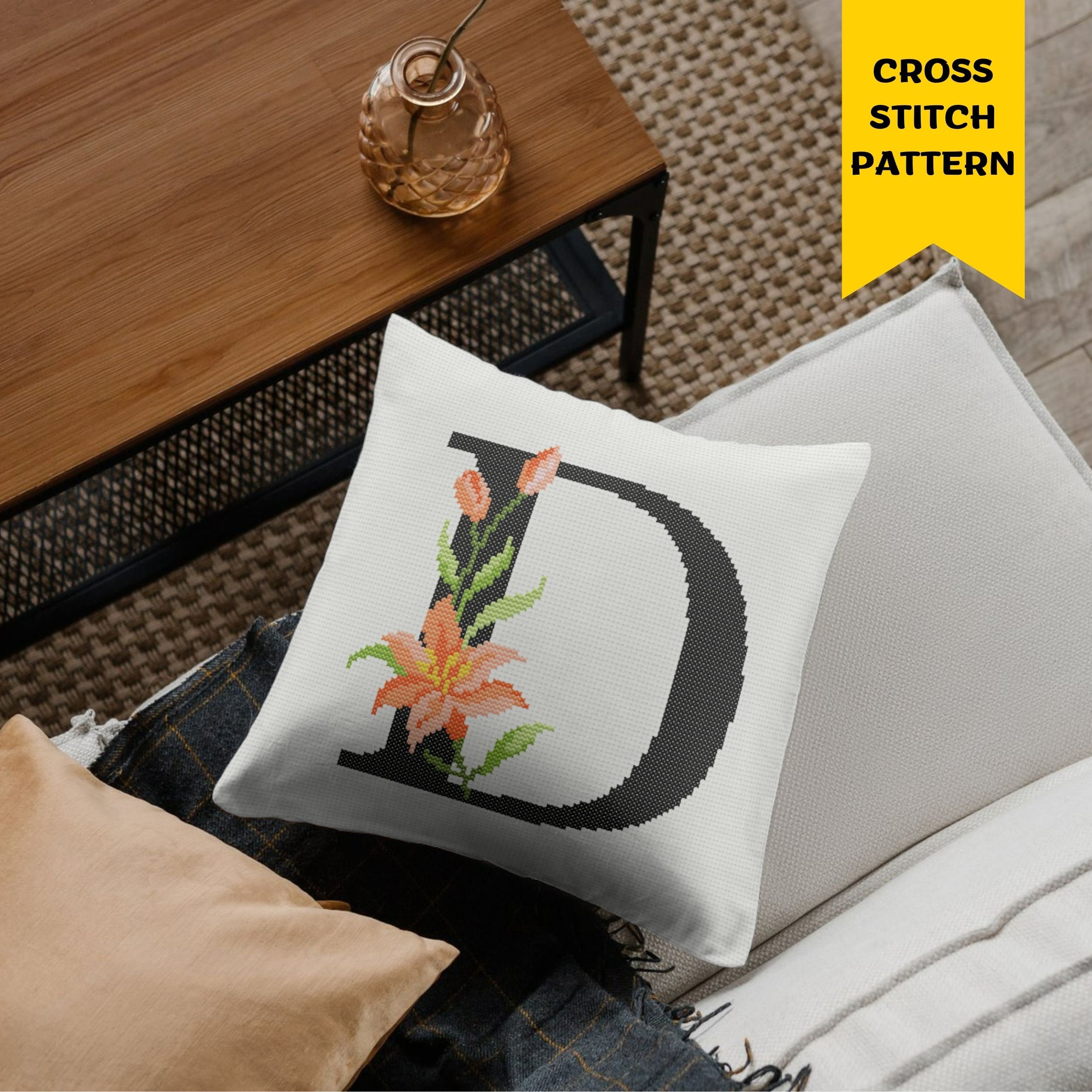 Floral Letter D Cross Stitch Pattern Modern Flower Monogram Embroidery ...