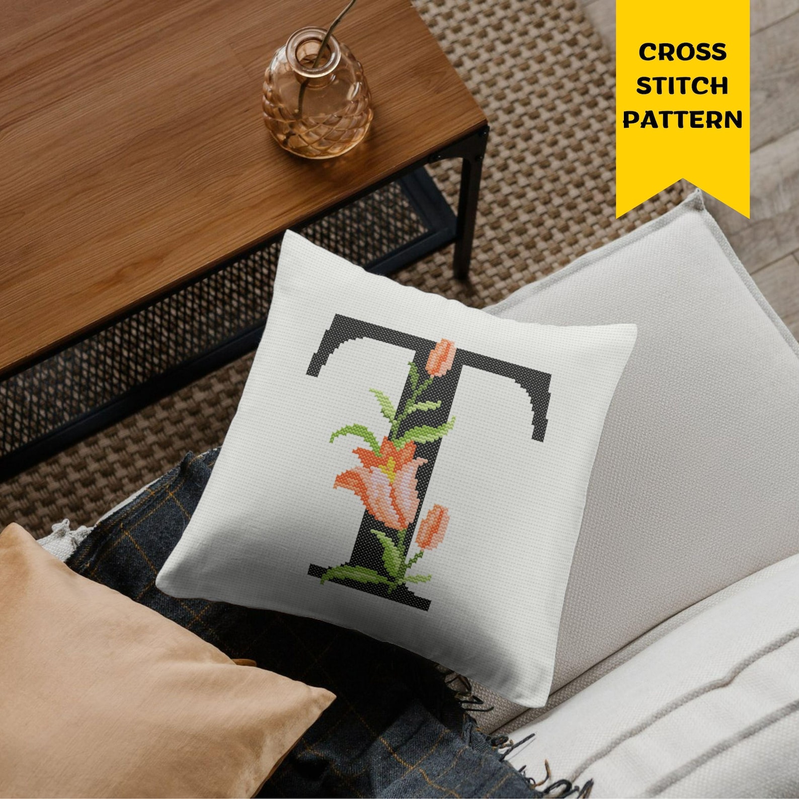 Floral Letter T Cross Stitch Pattern Modern Flower Monogram Embroidery ...