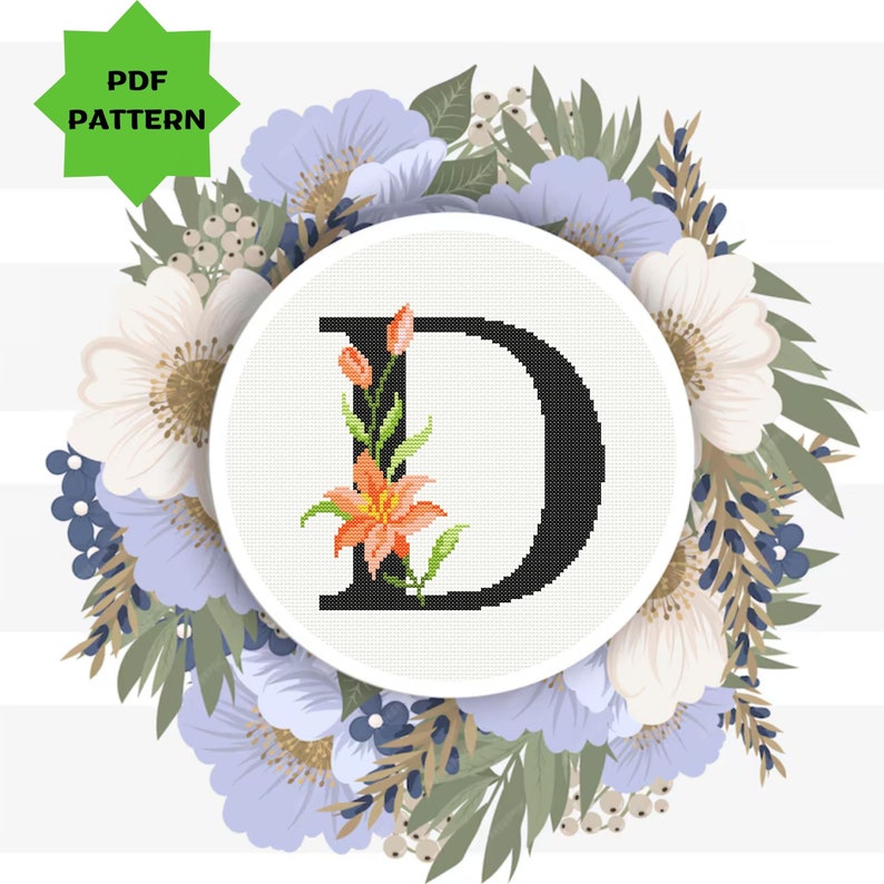 Floral Letter D Cross Stitch Pattern Modern Flower Monogram Embroidery ...