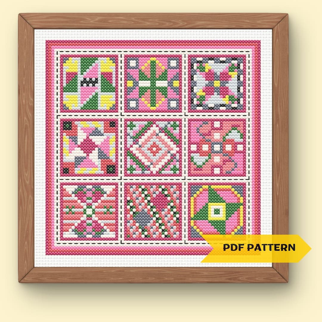 Geometric Pink Quilt Blocks Cross Stitch Pattern Modern Embroidery ...