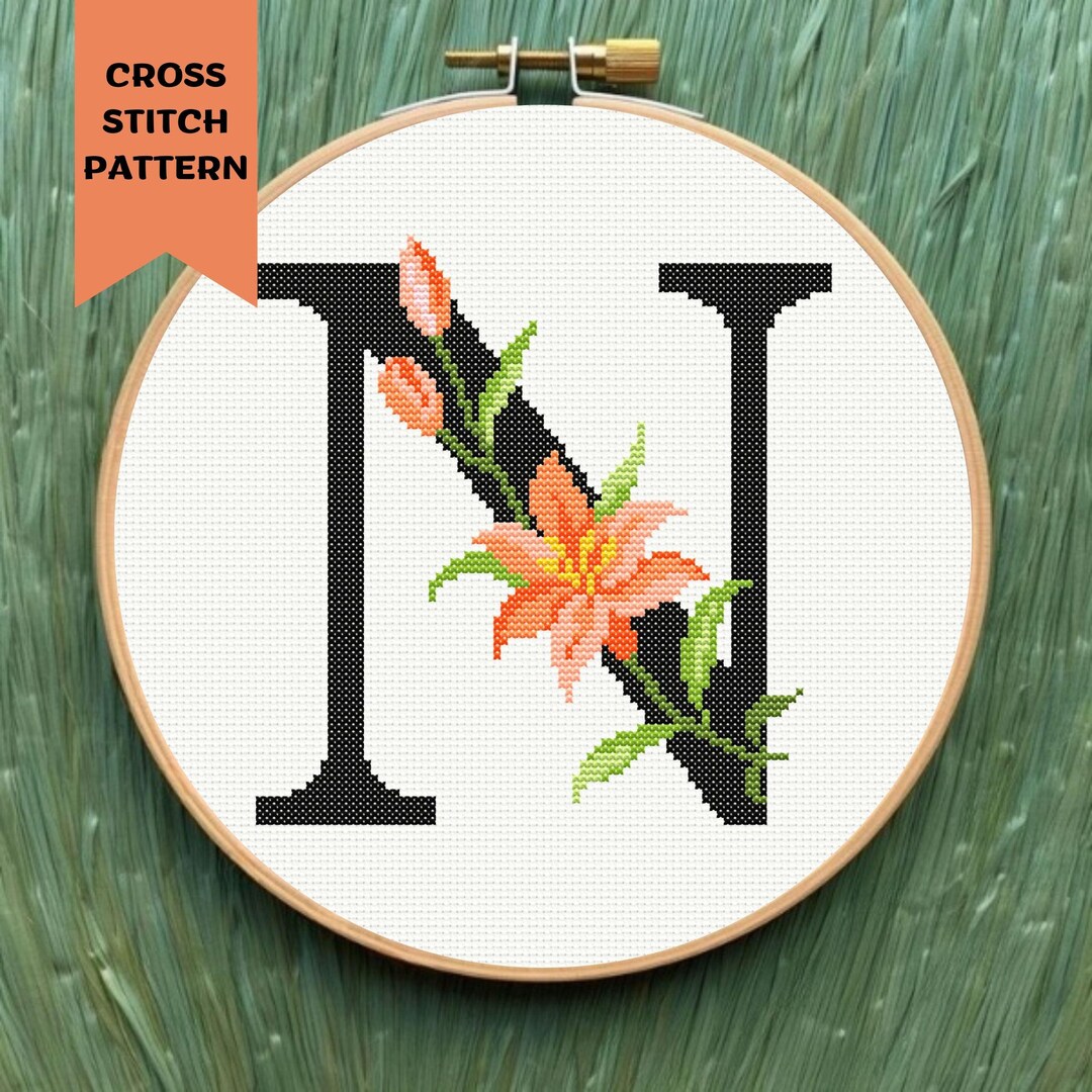 Floral Letter N Cross Stitch Alphabet Pattern Monogram With Flower ...