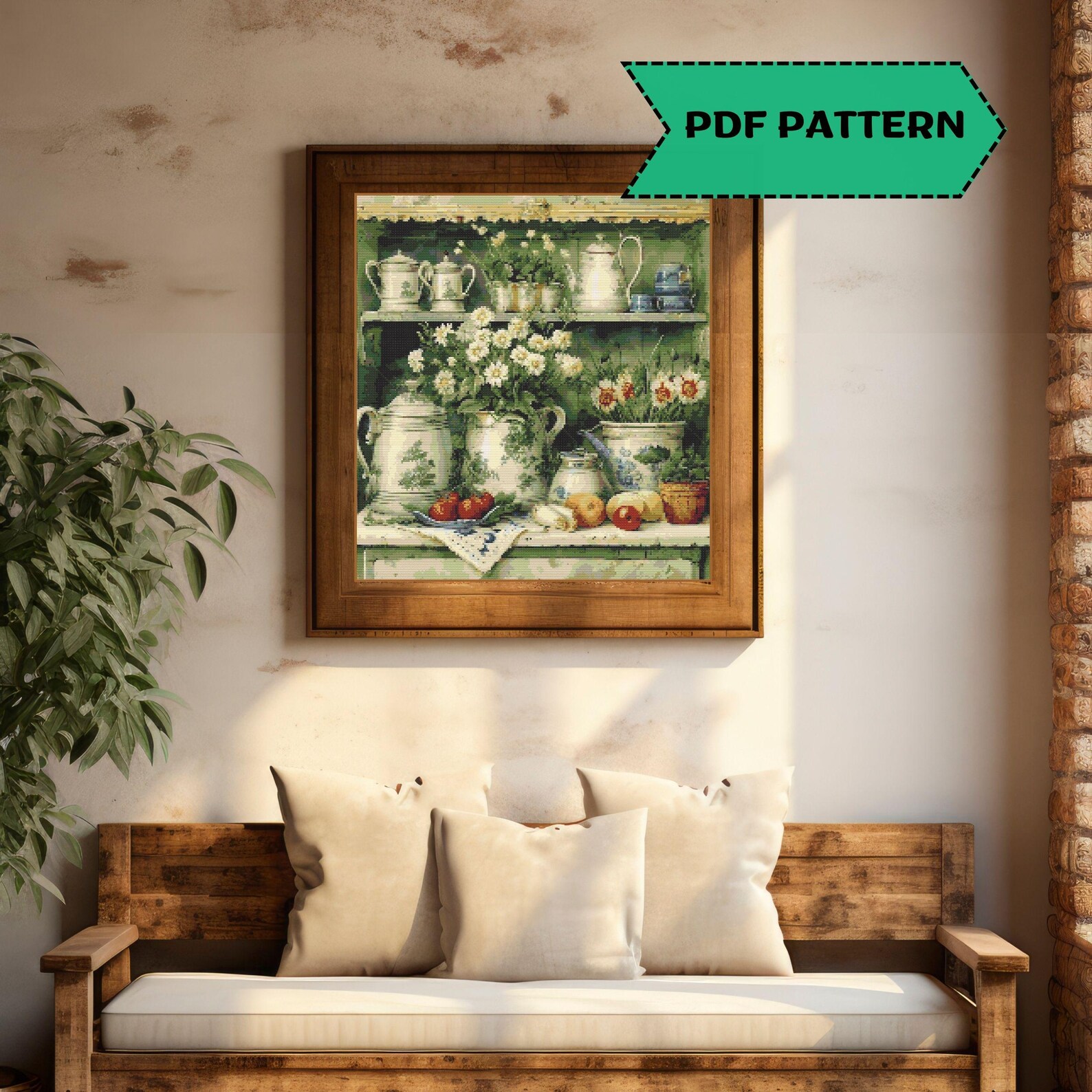 Vintage Kitchen Shelf Cross Stitch Pattern Flowers Fruits Cottagecore ...