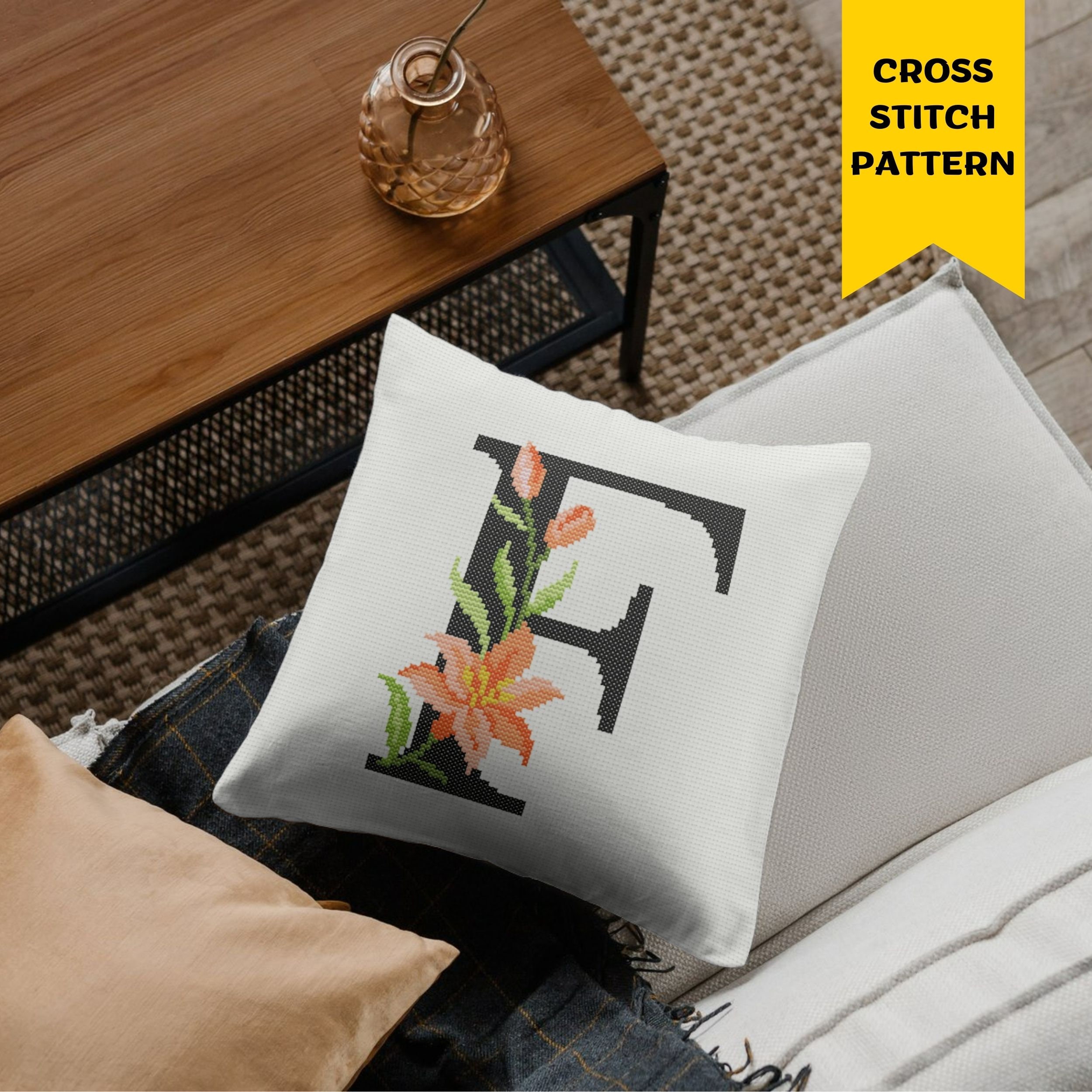 Floral Letter F Cross Stitch Alphabet Pattern Monogram With Flower ...