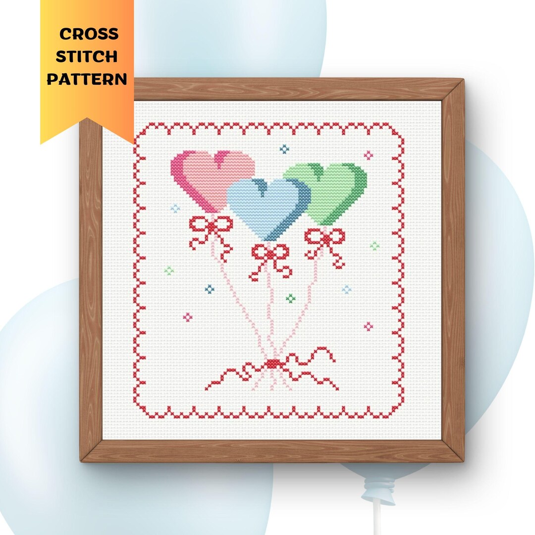 Heart Balloons Cross Stitch Pattern Birthday Valentine's Day Embroidery ...