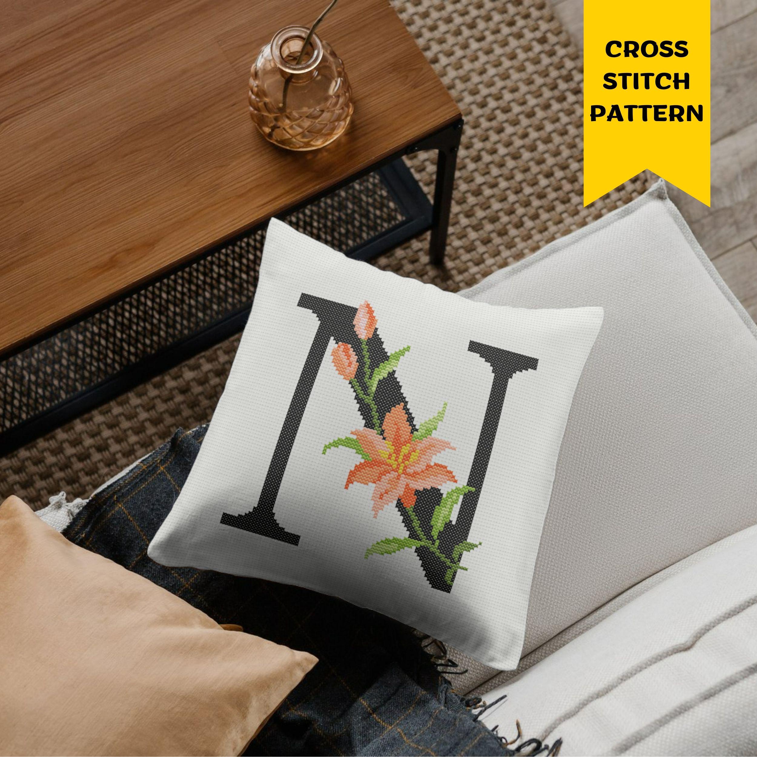 Floral Letter N Cross Stitch Pattern Modern Flower Monogram Embroidery ...