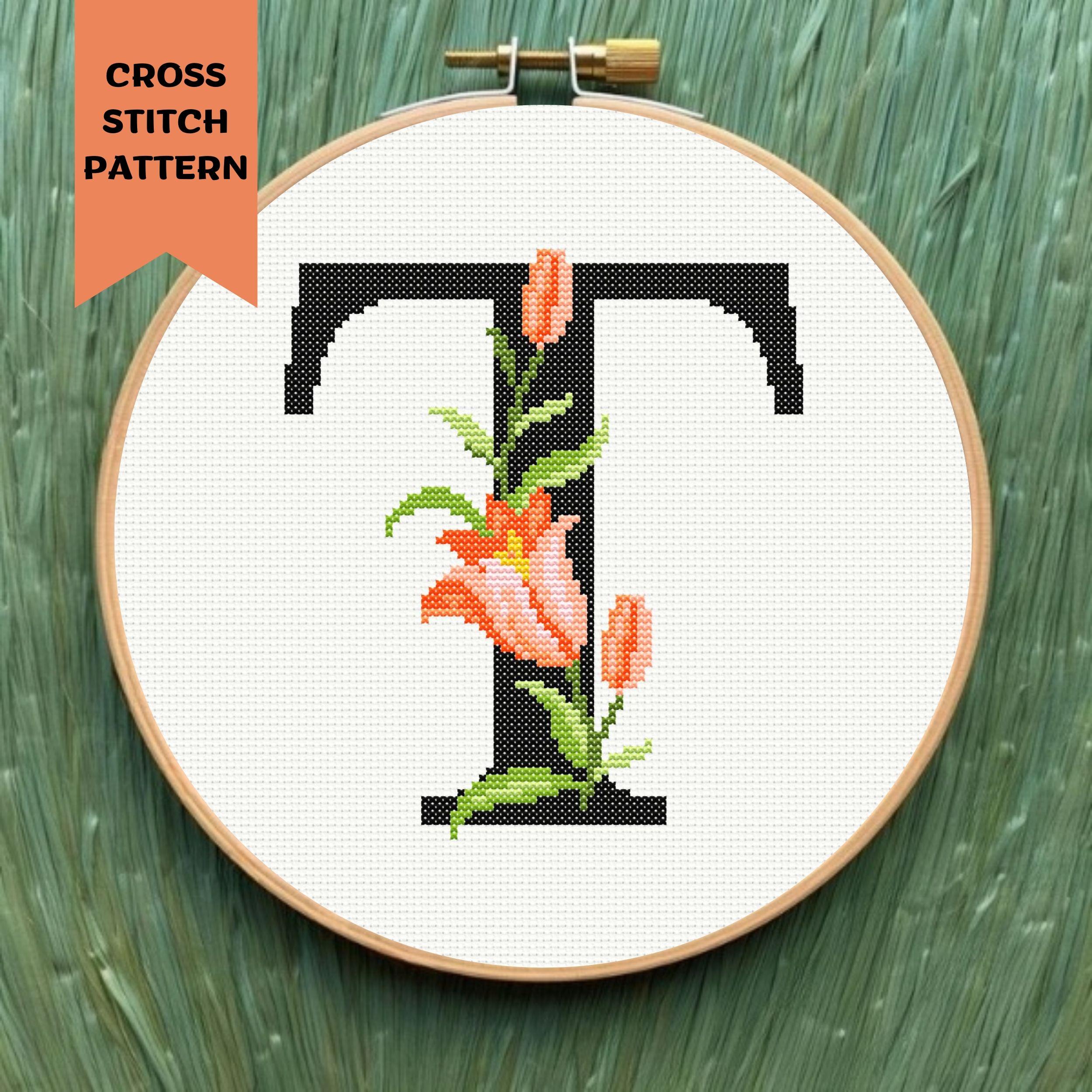 Floral Letter T Cross Stitch Pattern Modern Flower Monogram Embroidery ...