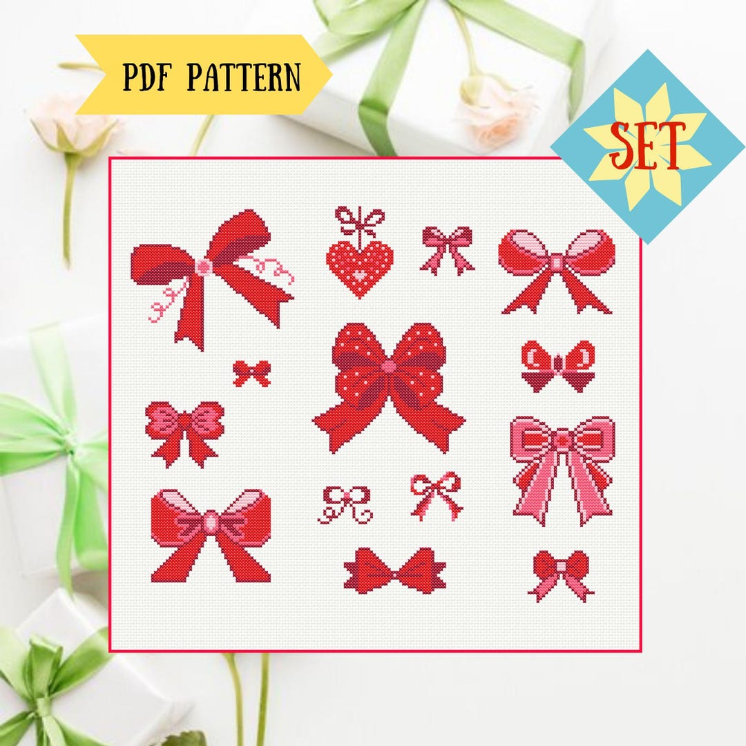 Set of Bows Ribbons Heart Cross Stitch Pattern Ribbon Embroidery Bow ...
