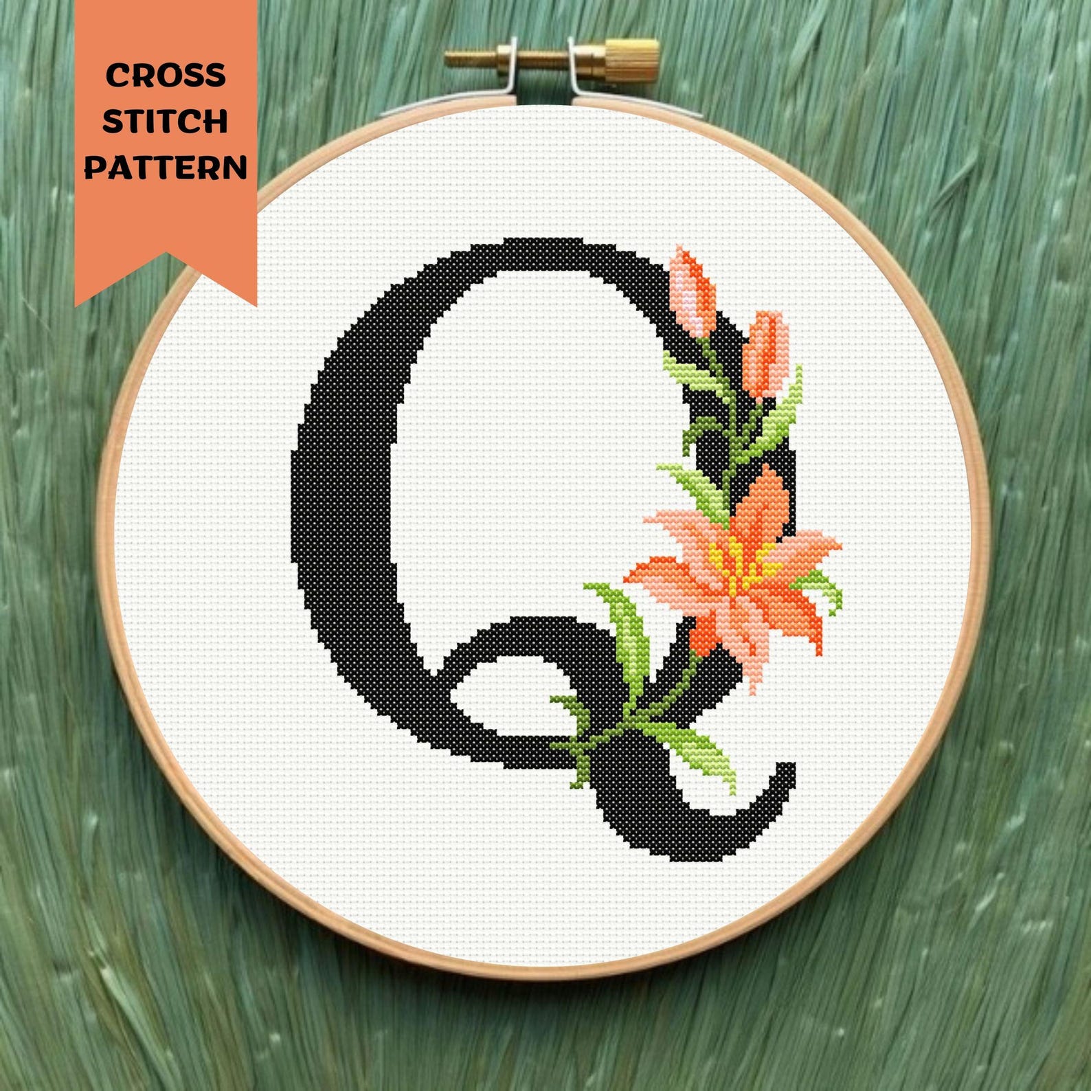Floral Letter Q Cross Stitch Pattern Modern Flower Monogram Embroidery ...