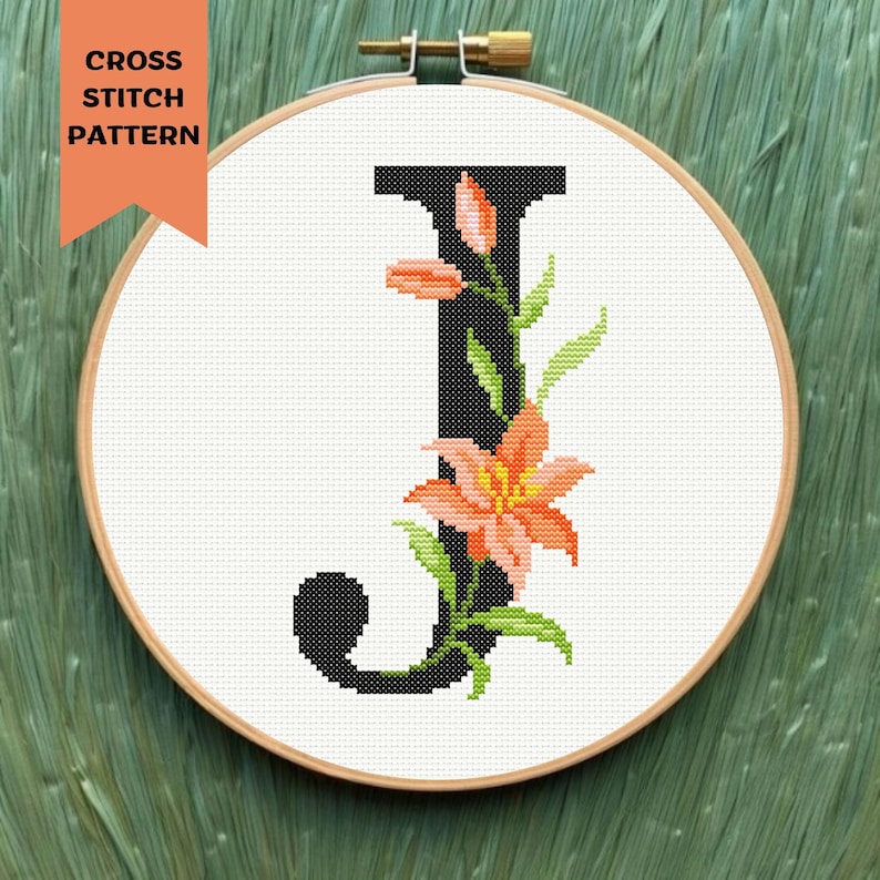 Floral Letter J Cross Stitch Pattern Modern Flower Monogram Embroidery ...