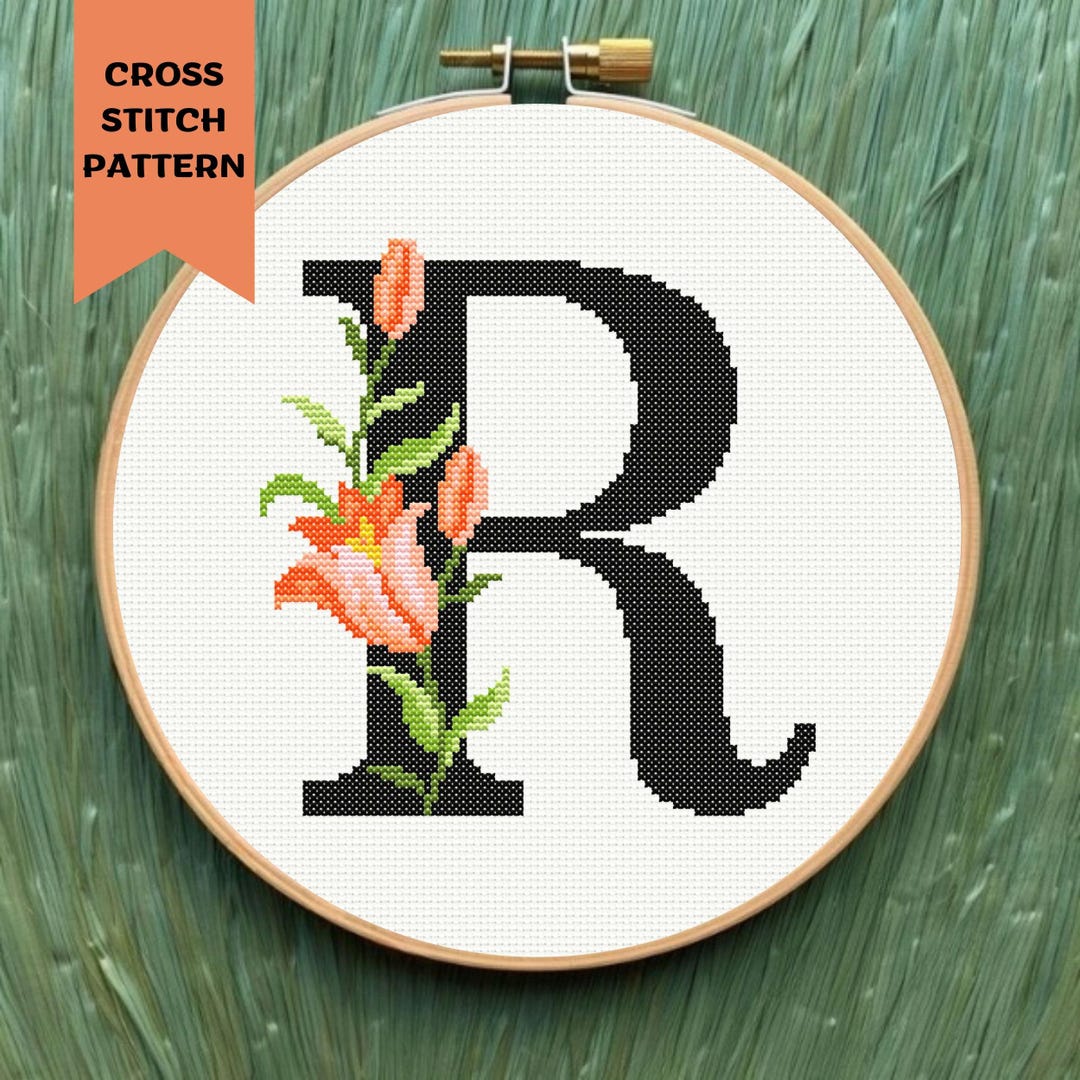 Lettre R floral point de croix alphabet motif Monogramme avec fleur ...