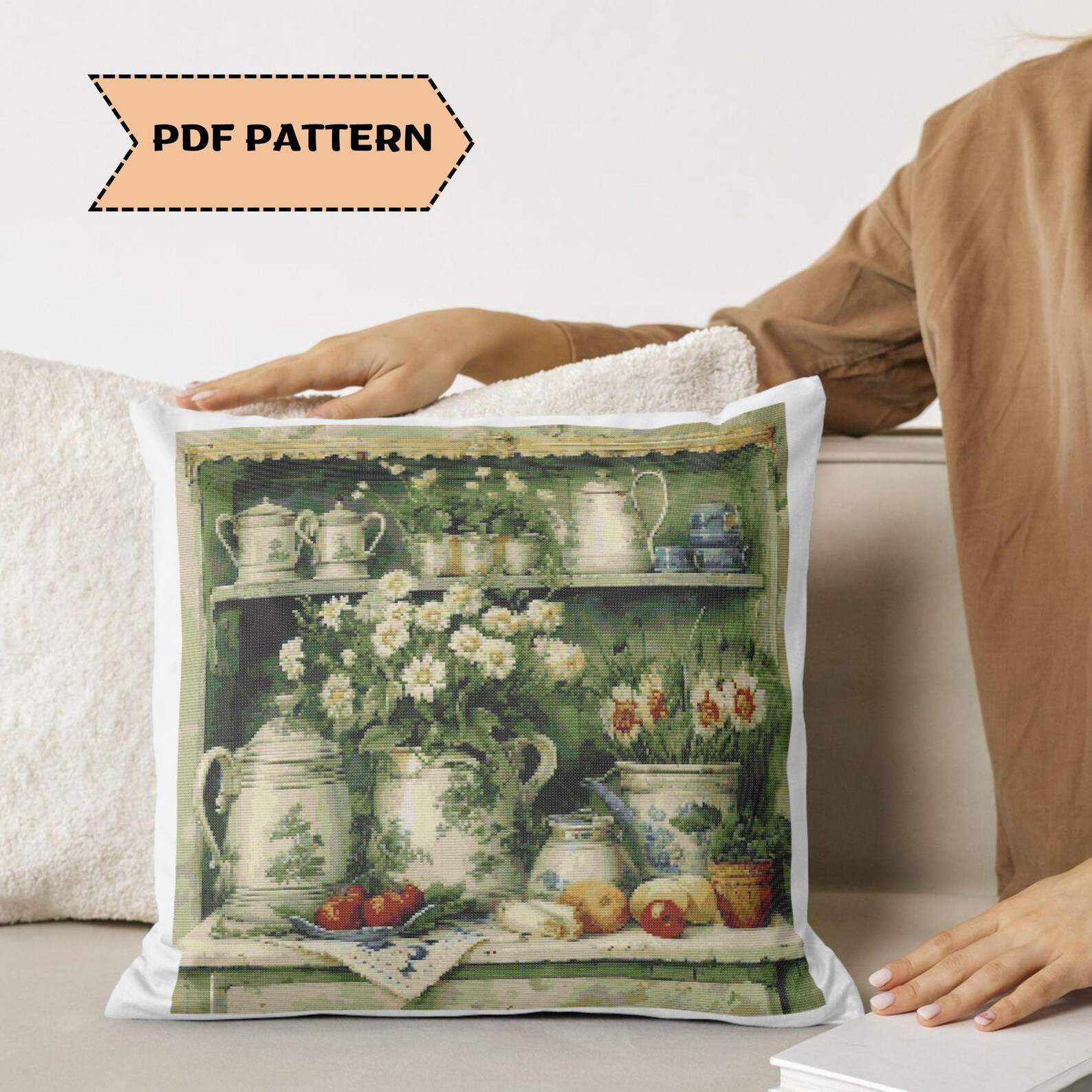 Vintage Kitchen Shelf Cross Stitch Pattern Flowers Fruits Cottagecore ...