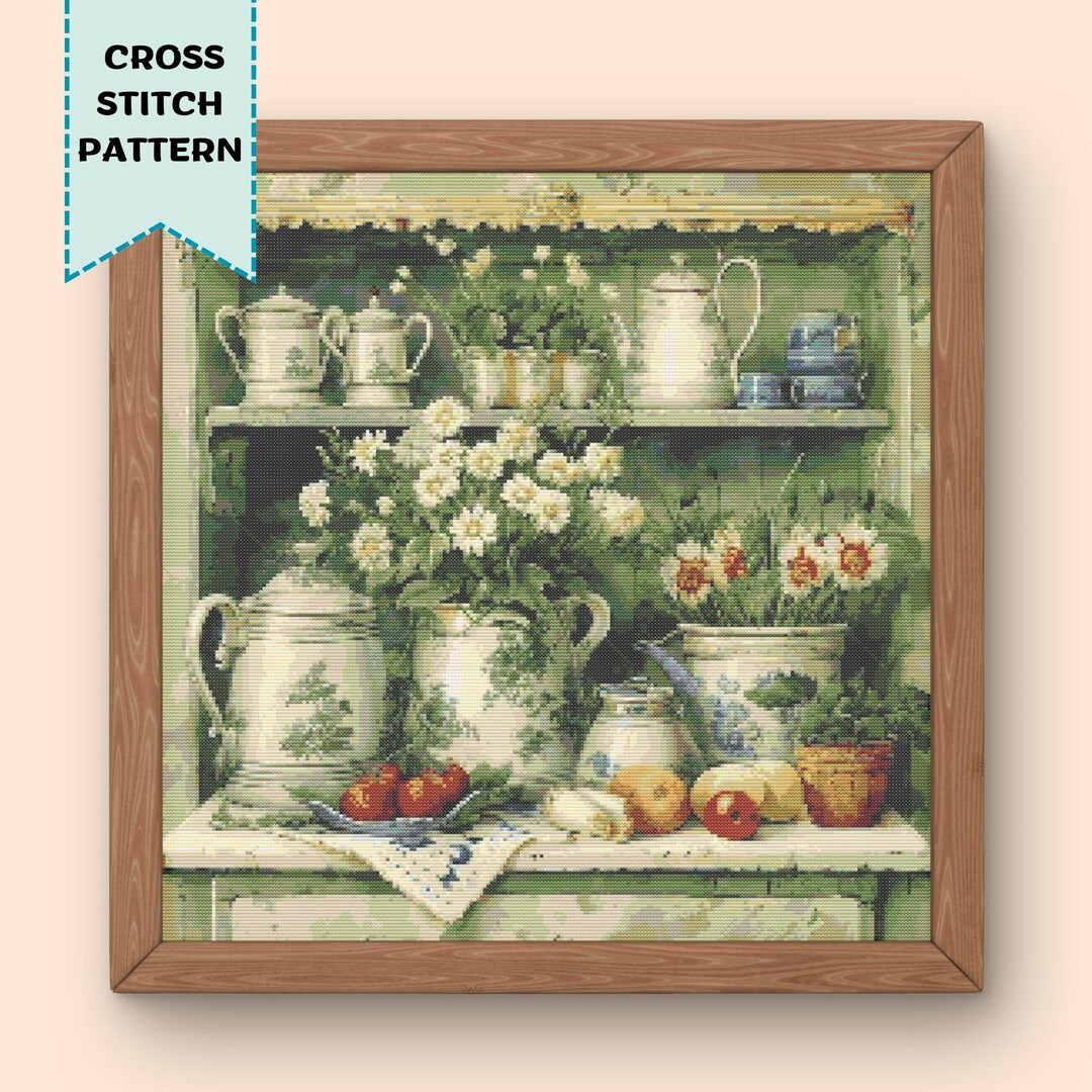 Vintage Kitchen Shelf Cross Stitch Pattern Flowers Fruits Cottagecore ...