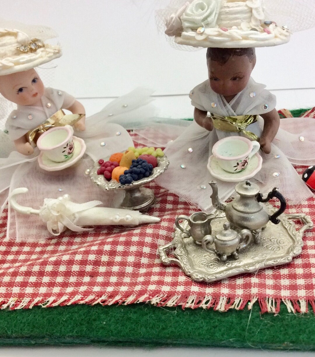 Victorian Tea Party for Two, Girlfriends Sharing Tea, Miniature Vintage ...