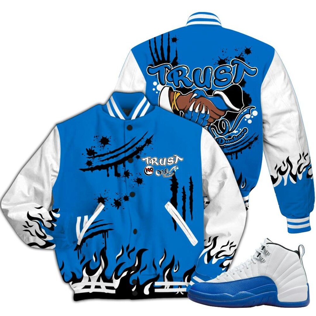 Dunkare Blueberry 12s Varsity Jacket, Graphic Trust No One All Over ...