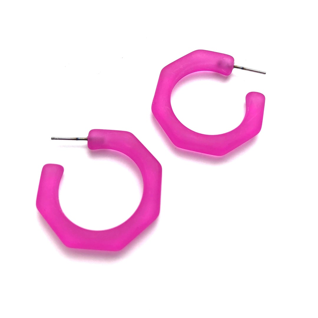 Hot Pink Frosted Octagon Kay Hoop Earrings - Vintage Fuchsia Lucite ...