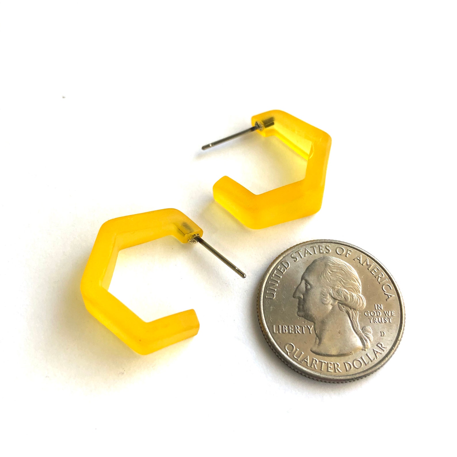 Golden Yellow Hoops Earrings Mustard Frosted Tapered Hex | Etsy