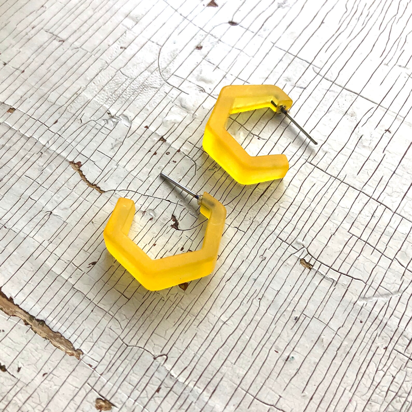 Golden Yellow Hoops Earrings Mustard Frosted Tapered Hex | Etsy