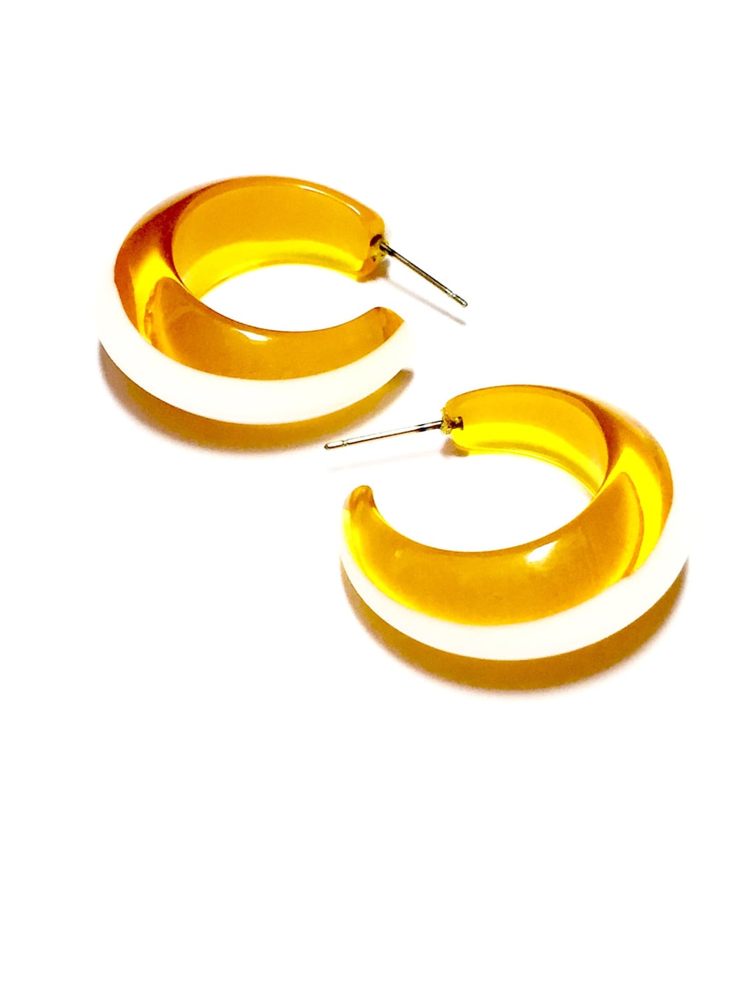 Yellow Hoop Earrings | Lucite Pinched Bulb Hoops in Yellow and White ...