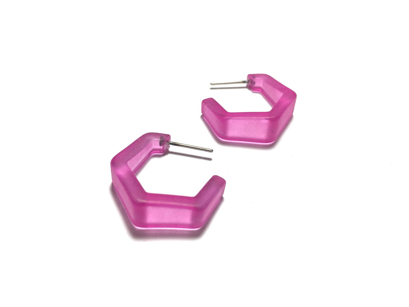 Hot Pink Hoops Earrings Frosted Tapered Hex Hoops Vintage - Etsy