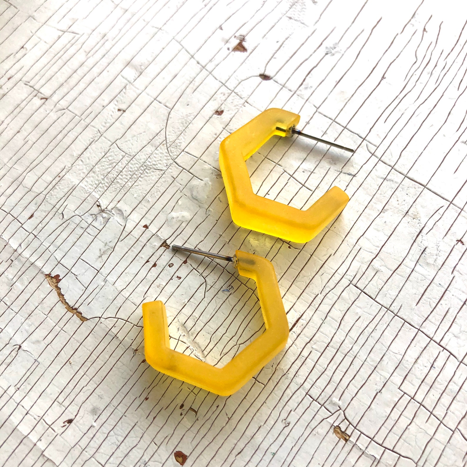 Golden Yellow Hoops Earrings Mustard Frosted Tapered Hex | Etsy