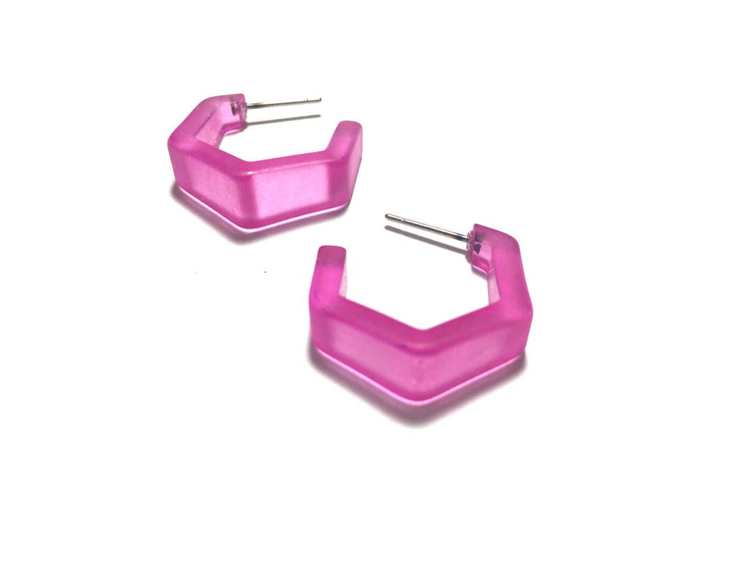 Hot Pink Hoops Earrings | Frosted Tapered Hex Hoops | Vintage Mod ...