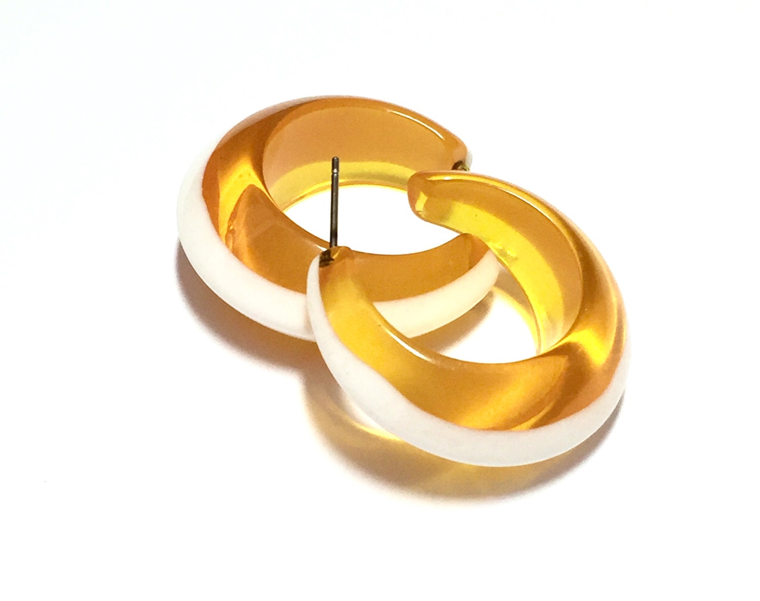 Yellow Hoop Earrings | Lucite Pinched Bulb Hoops in Yellow and White ...