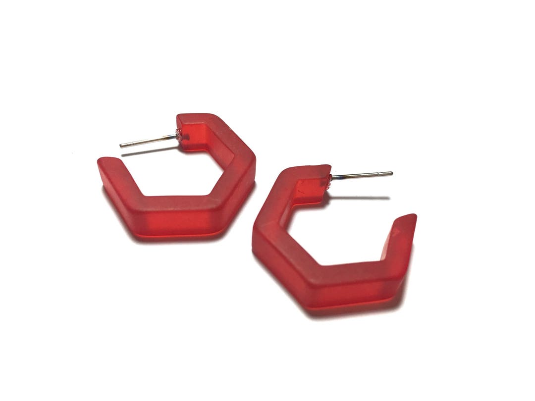 Cherry Red Hoop Earrings | Honeycomb Hex Hoops | Frosted Lucite Hoops ...