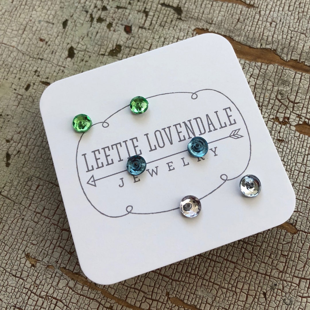 Tiny Bling Studs Set | Peridot Green Aqua Clear | 3 Pair of Sparkle ...