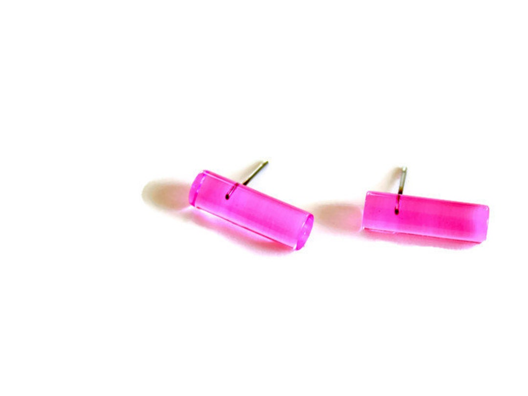 Pink Stick Stud Earrings | Hot Pink Earrings | Vintage Transparent ...