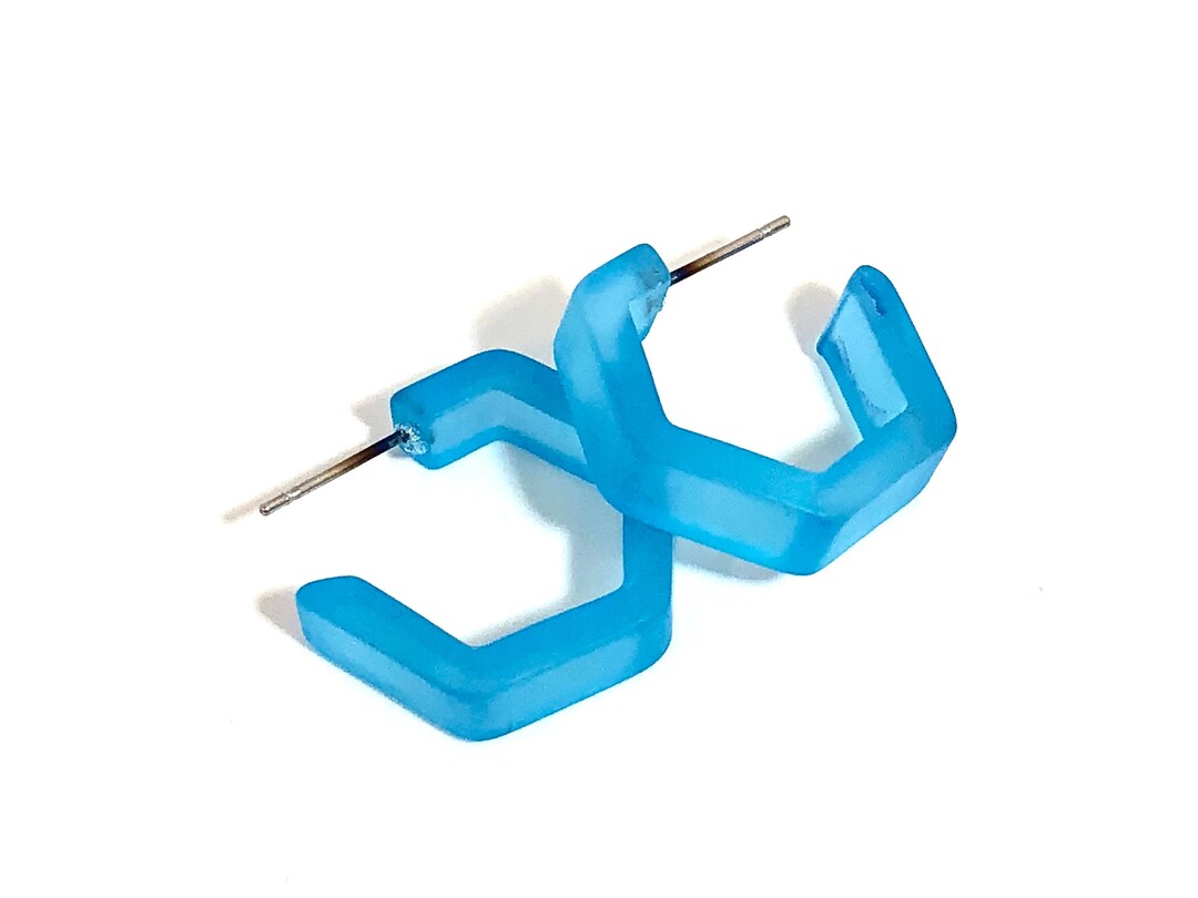 Aqua Blue Hoop Earrings | Honeycomb Hex Hoops | Vintage Acrylic Frosted ...