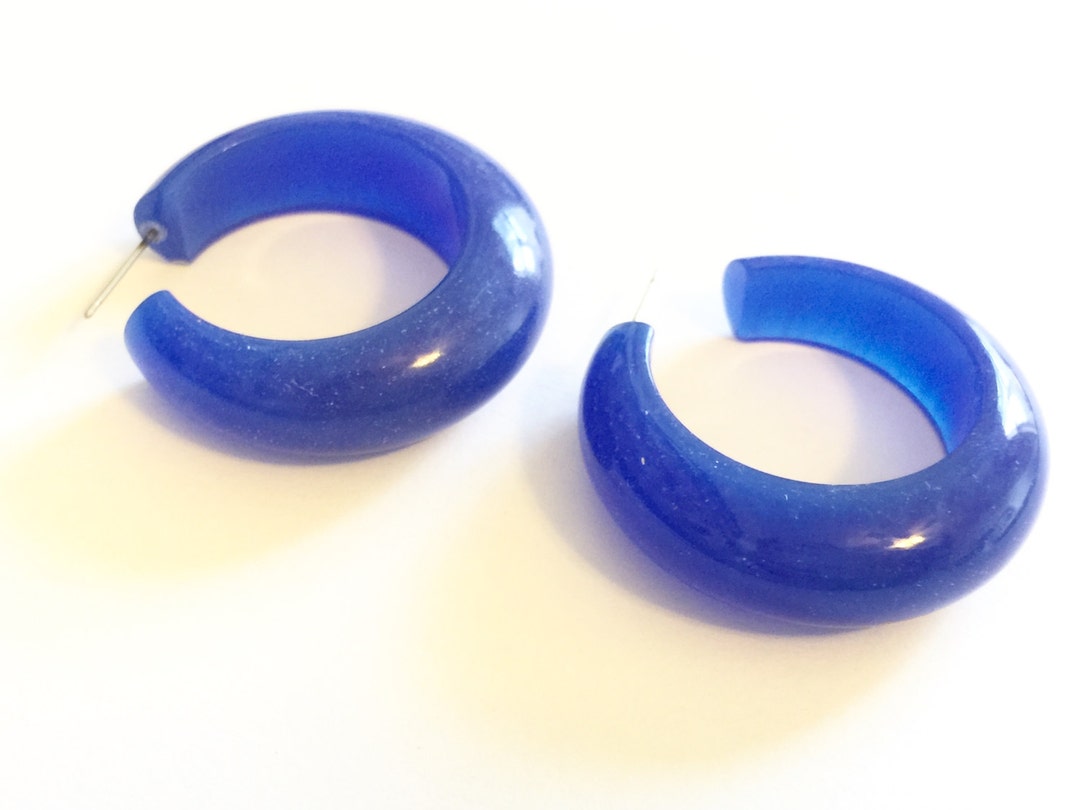 Big Blue Chunky Hoops | Electric Blue Marbled Hoops | Vintage Lucite ...