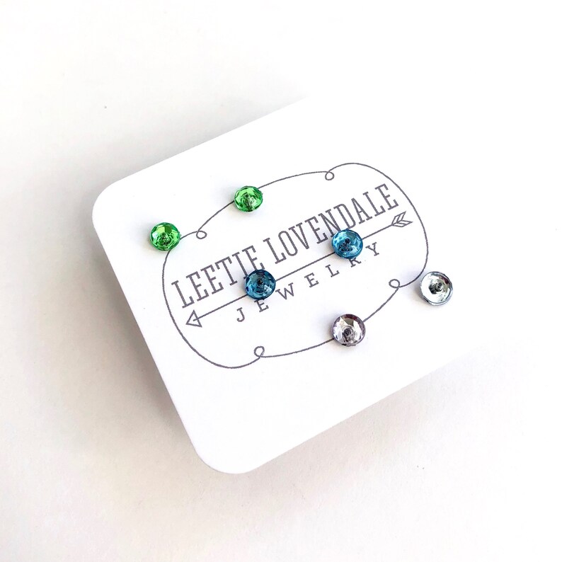 Tiny Bling Studs Set | Peridot Green Aqua Clear | 3 Pair of Sparkle ...