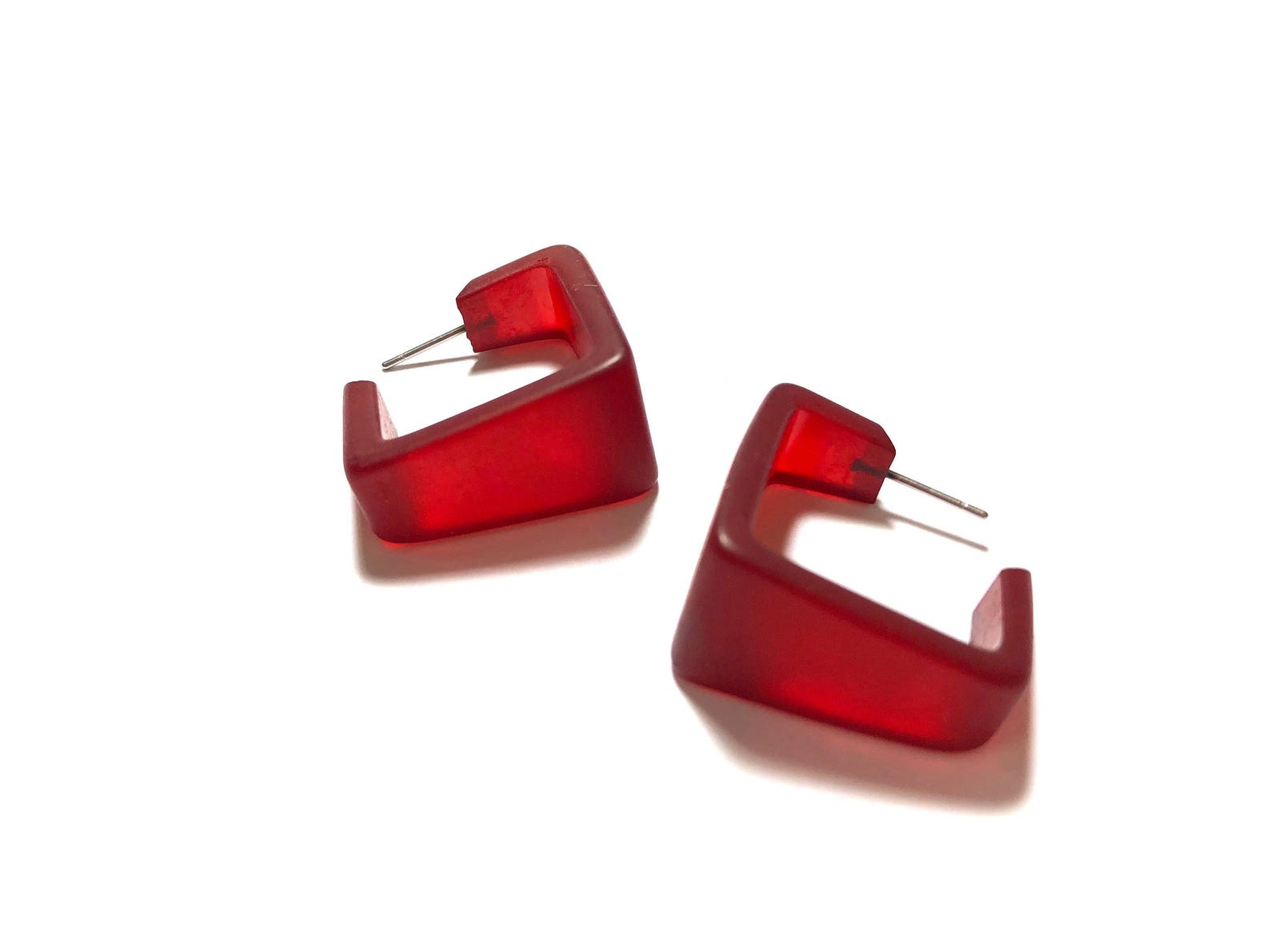 Dark Cherry Red Hoop Earrings | Wide Cubist Hoops | Frosted Vintage ...