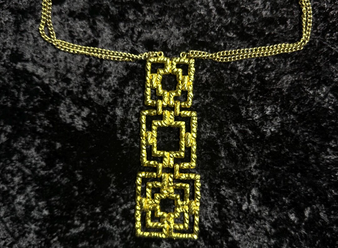 Etruscan Style Pendant Necklace Articulated Gold Metal Squares Vintage ...