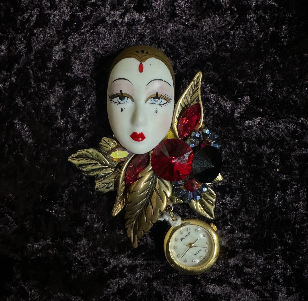 Vintage Bonetto Ceramic Lady Borealis Rhinestone Goldtone Watch Brooch ...