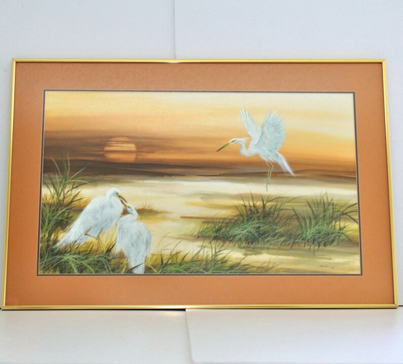 Vintage Watercolor Painting Great White Herons and Reeds at Sunset ...
