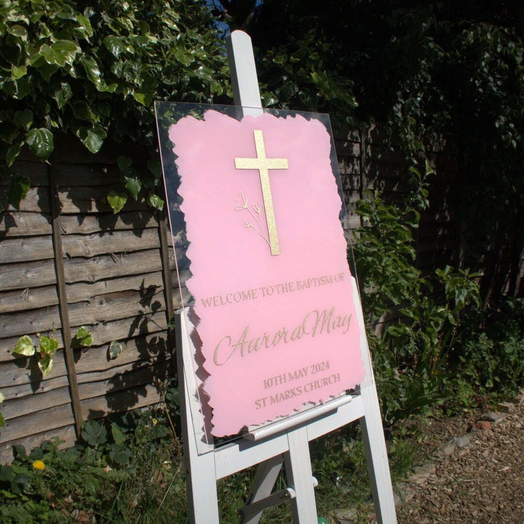 Personalised Christening Greeting Sign Elegant Pink & Gold Welcome ...