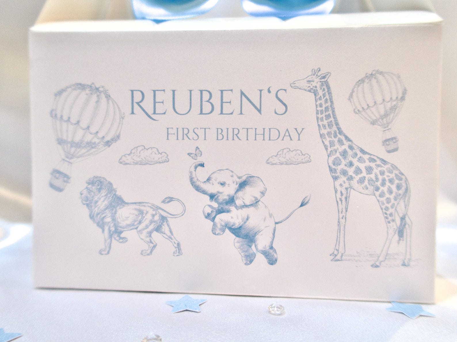 Personalised Blue Safari Gable Box, Baby First Birthday Favour, Jungle ...