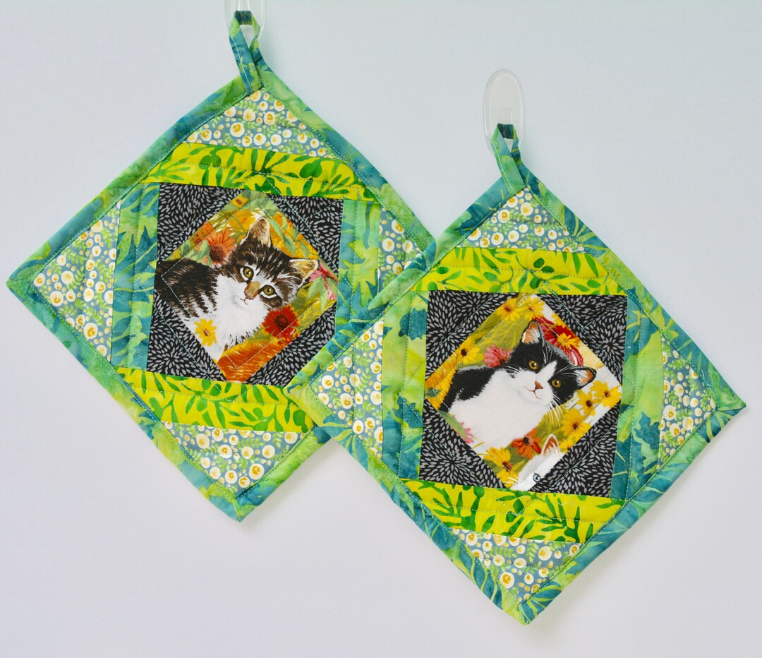 Handmade Cat Quilted Pot Holder, Kitchen Kitten Trivet, Hot Pad, Set (2 ...