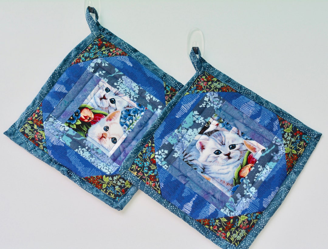 Cats Handmade Pot Holders, Set 2 Pieced Quilted Hot Pad, Heat Pad ...