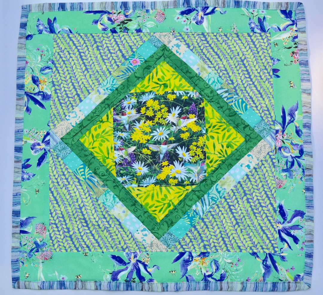 Hummingbird Quilted Table Topper, Handmade Patchwork Mini Quilt, Square ...