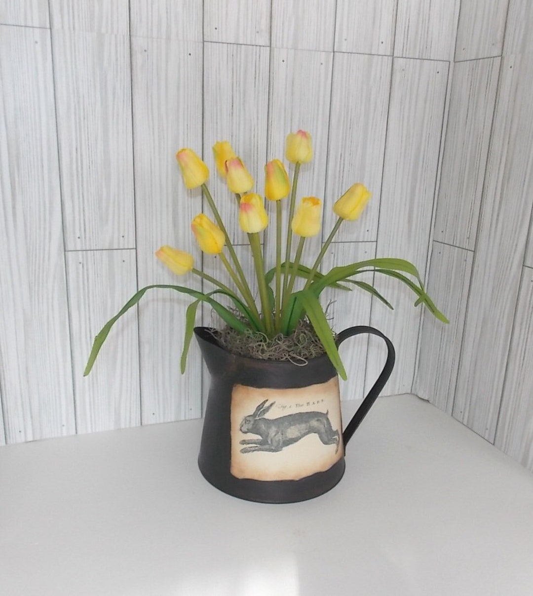 Primitive Tulip Floral Arrangement in Metal Vase Pitcher Jug, Primitive ...