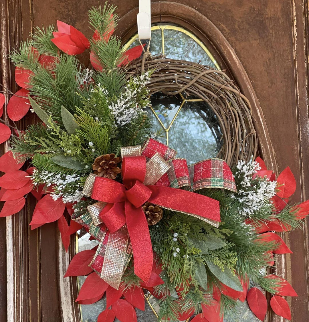 Christmas Grapevine Wreath With Red Bow, Pine and Pinecones | Rustic ...