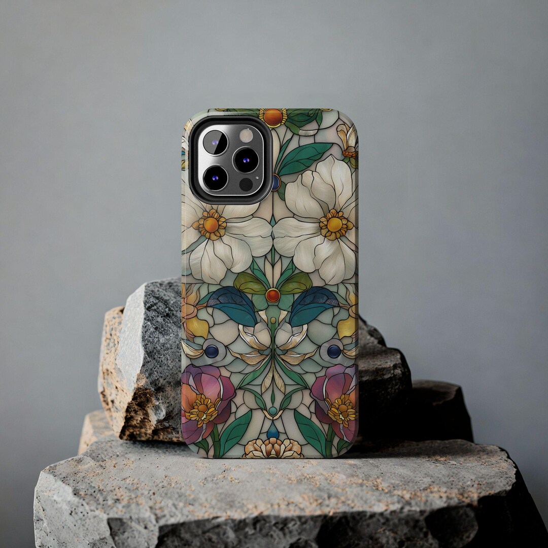 Floral Stained Glass Look Phone Case, Vibrant Flower Design, Tough ...