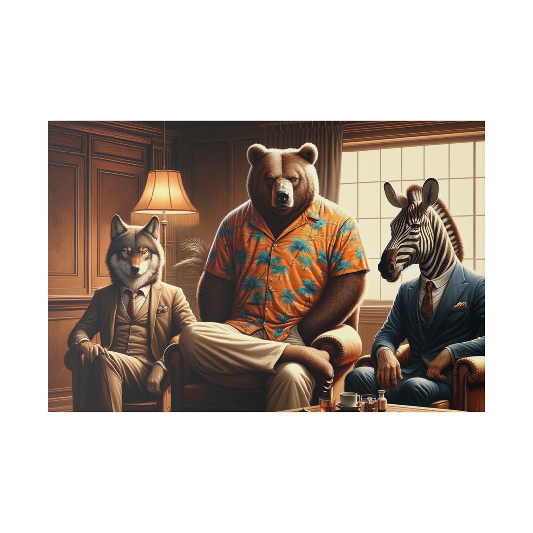 A Formal Meeting Between A Bear, Wolf, and Zebra in a Stylish Roomwall ...