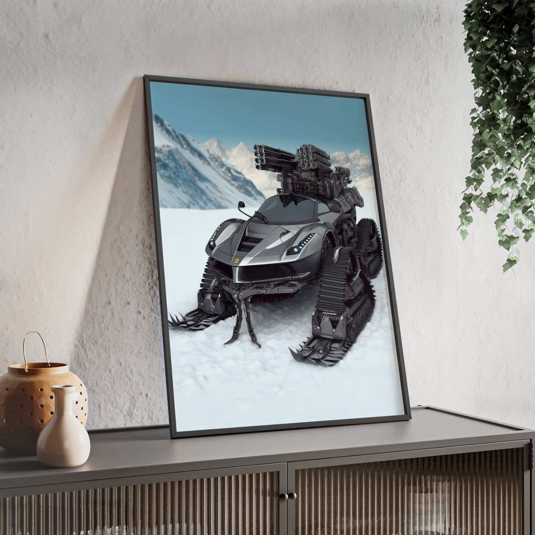 Framed Ferrari Snowmobile Poster, Armored Adventure, Futuristic Vehicle ...